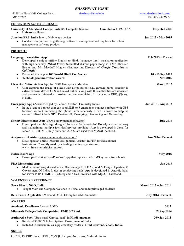 Shashwat Joshi CV | PDF | Application Software | Mobile App