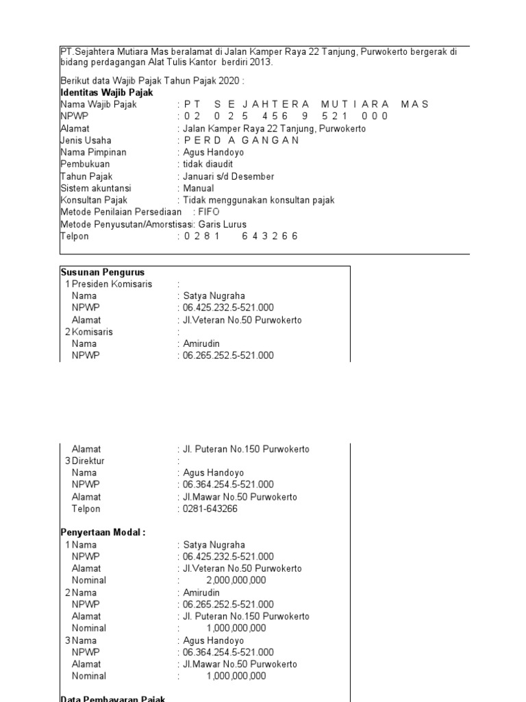 Contoh Latihan SPT 1771 - PT Sejahtera Mas 2020 WP Badan - Mega Kusuma, S.ap, Ma | PDF
