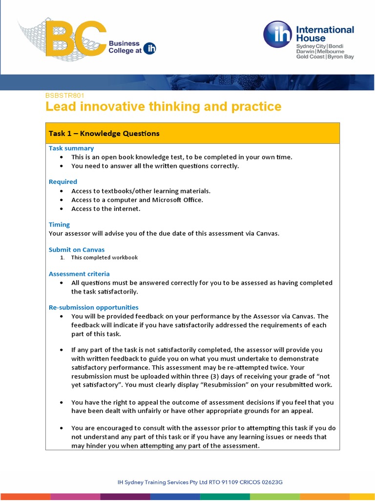 Lead Innovative Thinking and Practice: Task 1 - Knowledge Questions ...