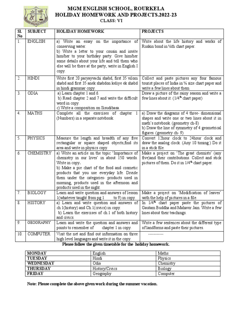 Class-6 Project & Holiday Home Work | PDF