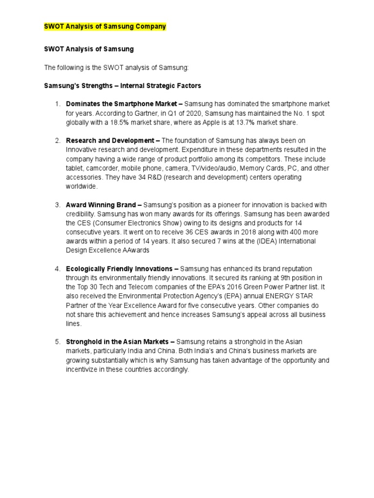 Samsung SWOT Analysis Overview | PDF | Samsung | Smartphone