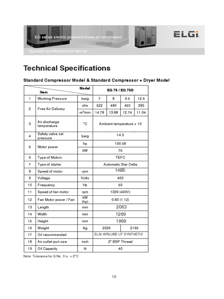 Technical Specifications: Standard Compressor Model & Standard ...