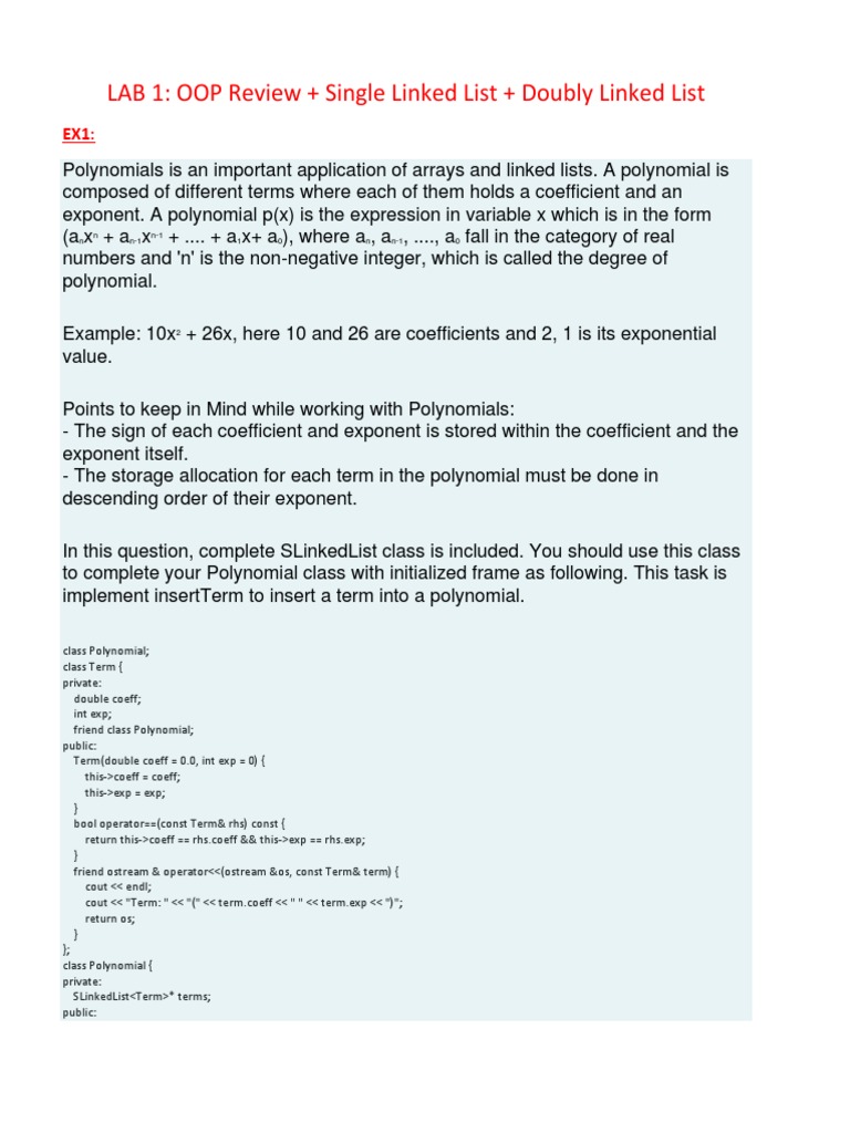 LAB 1: OOP Review + Single Linked List + Doubly Linked List: N N n-1 n ...