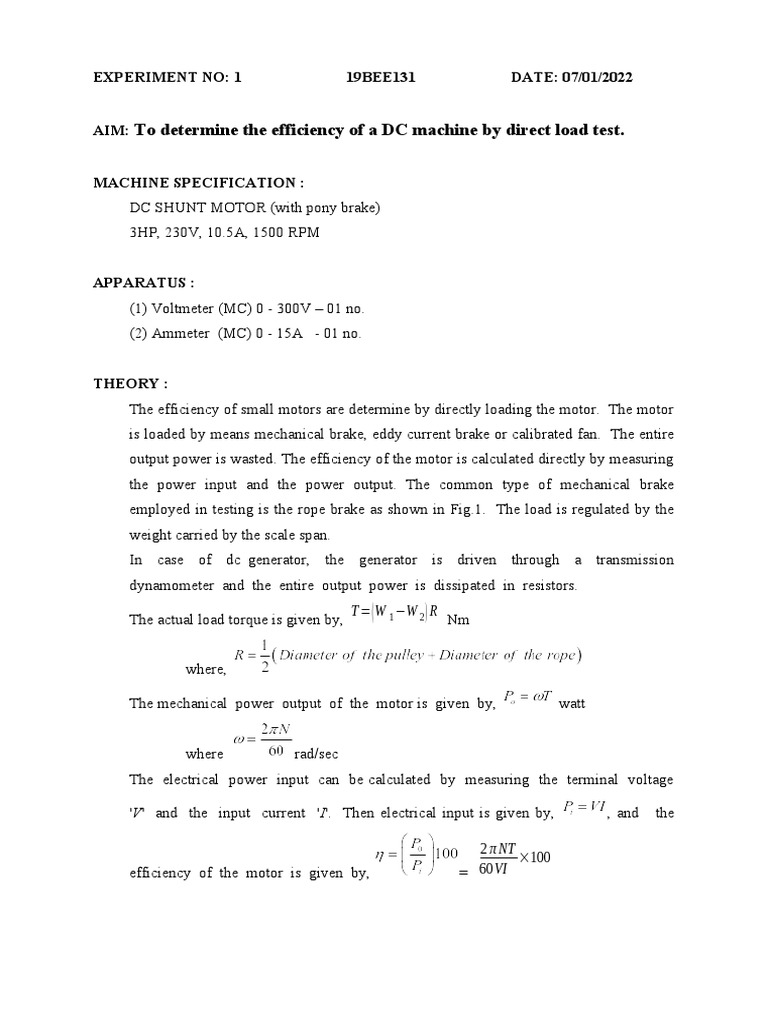 To Determine The Efficiency of A DC Machine by Direct Load Test ...