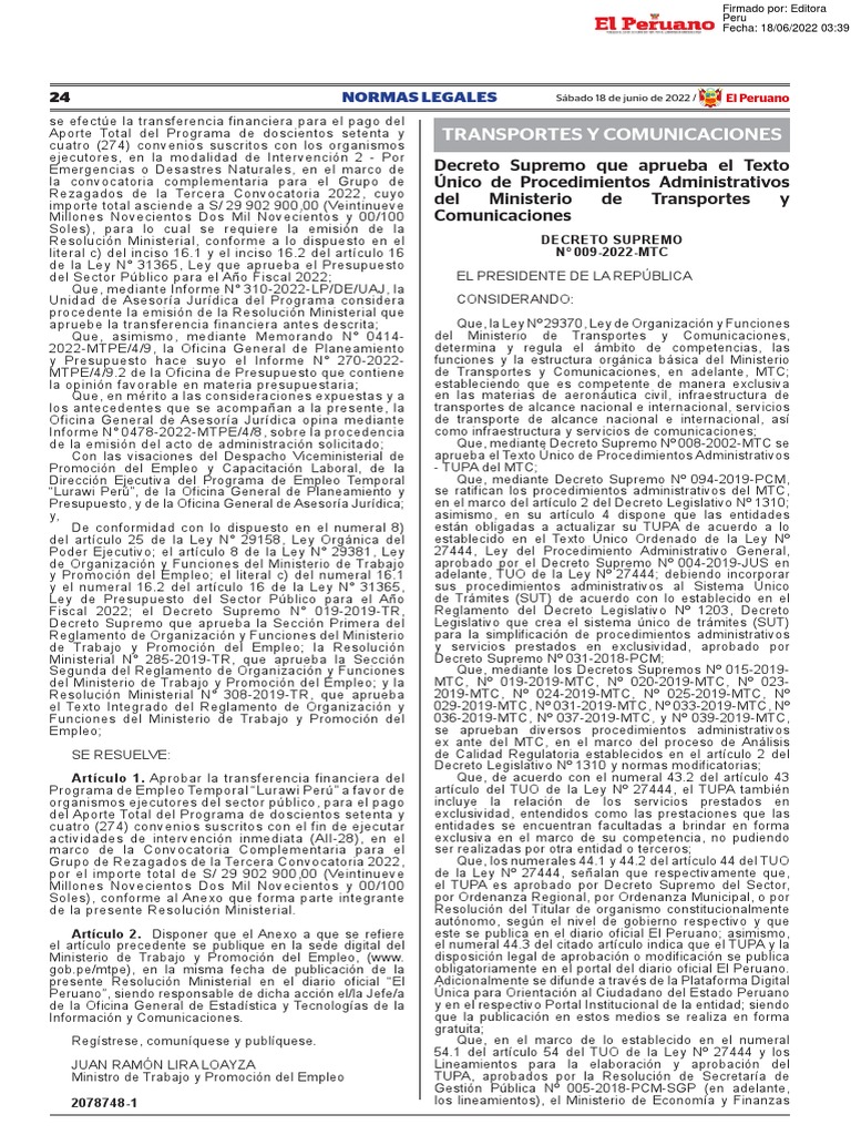 Decreto Supremo Que Aprueba El Texto Unico de Procedimientos Decreto ... Decreto Supremo Que Aprueba El Texto Unico de Procedimientos Decreto ...