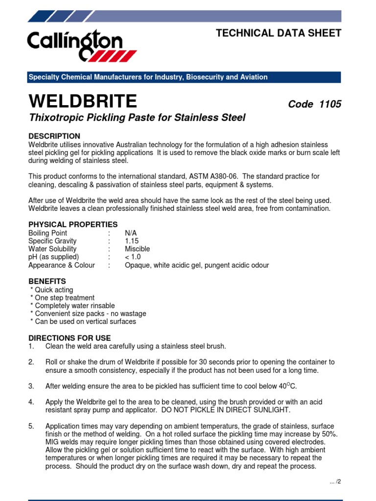 Weldbrite MSDS | PDF | Stainless Steel | Welding