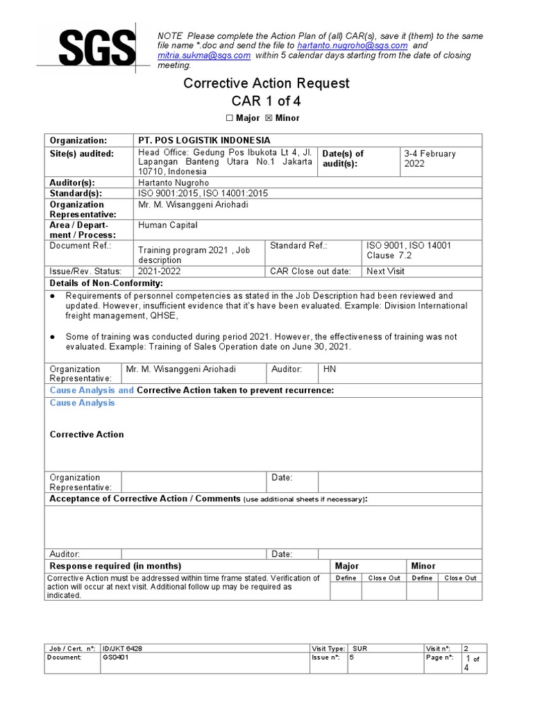 Corrective Action Request CAR 1 of 4 | PDF | Business | Evaluation