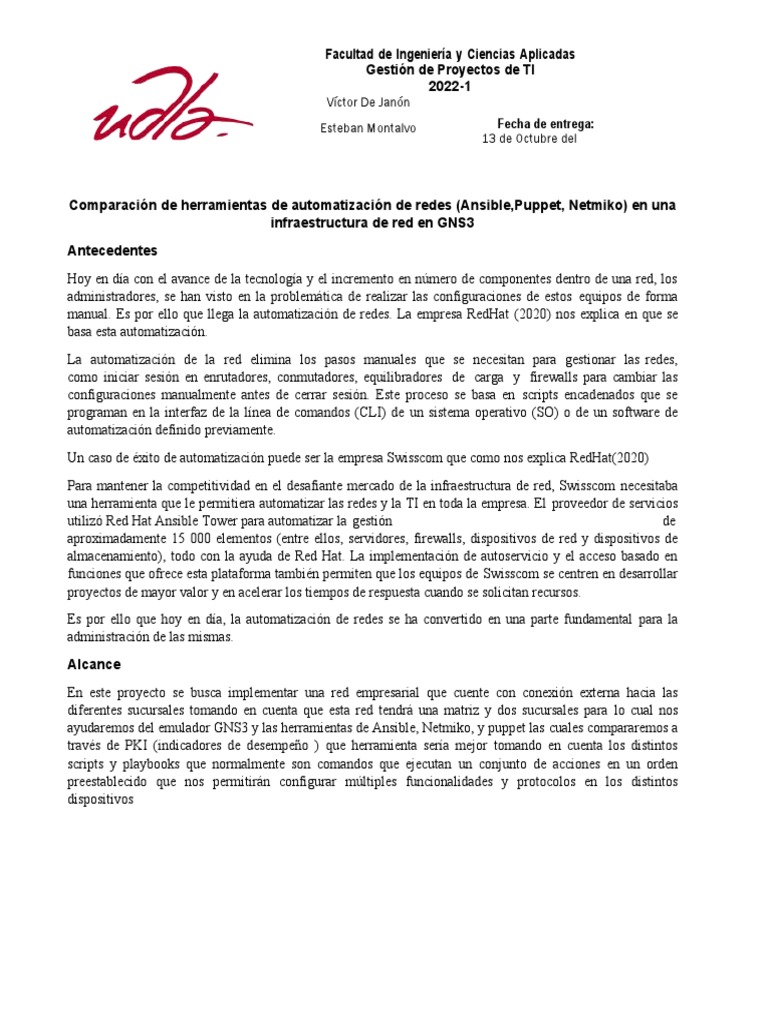 Comparación de Herramientas de Automatización de Redes (Ansible, Puppet, Netmiko) en Una ...
