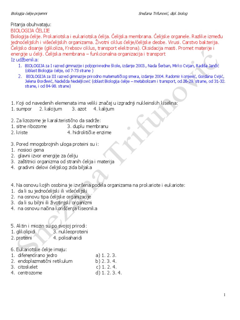 Test Pitanja Biologija Celije | PDF