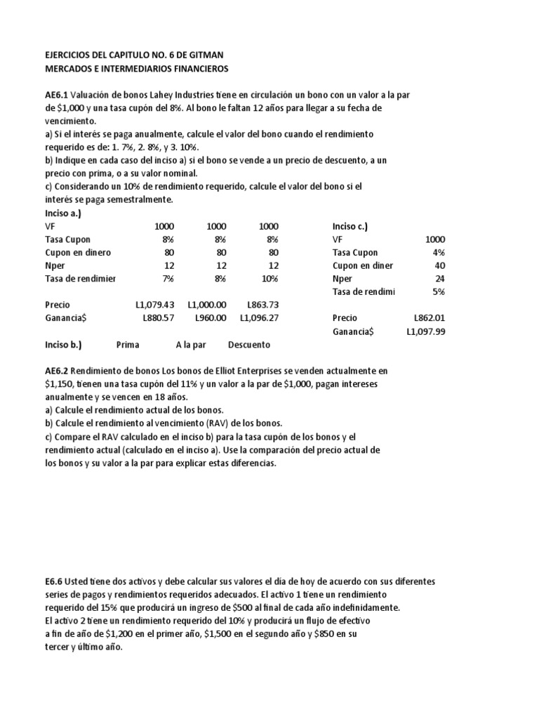 Tarea Capitulo 6 | PDF | Cupón | Valoración (Finanzas)