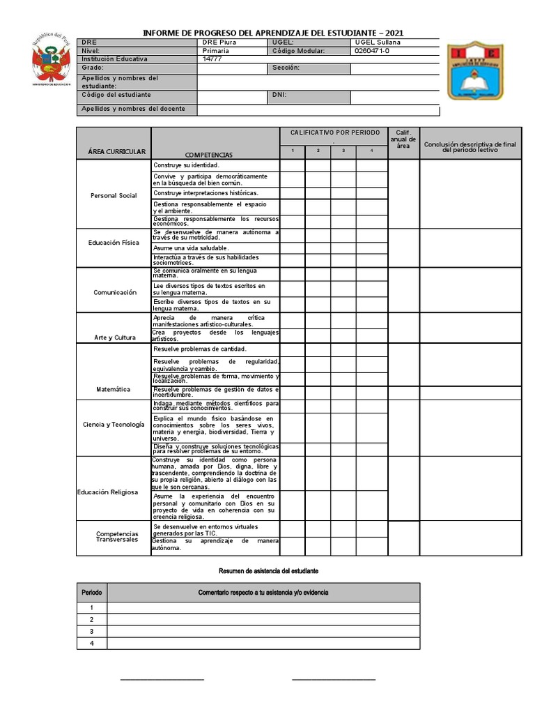 INFORME DE PROGRESO Nivel Primario Modelo 1 | PDF | Aprendizaje ...