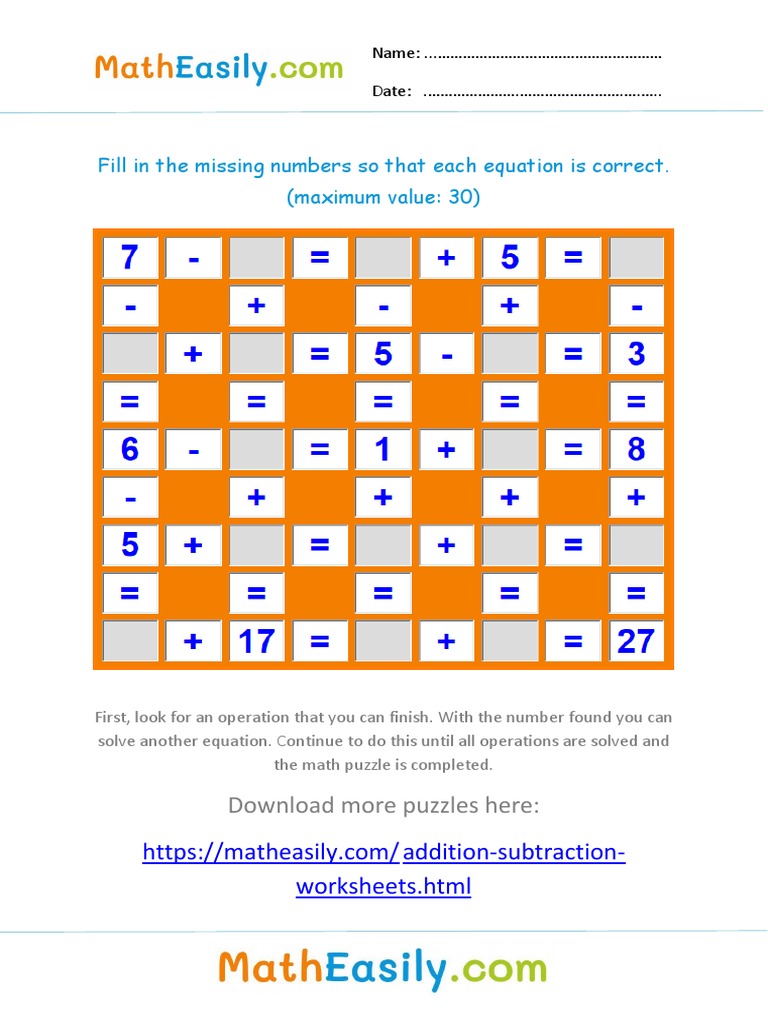 Addition-Subtraction-Worksheets - HTML: Fill in The Missing Numbers So ...