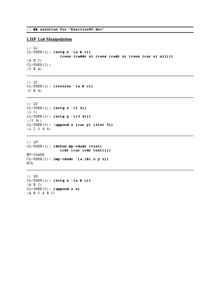 LISP List Manipulation: ## Solution For "Exercise02.doc" | PDF