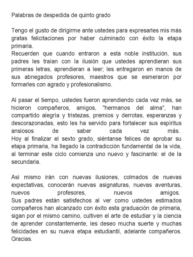 Palabras de Despedida de Quinto Grado | PDF