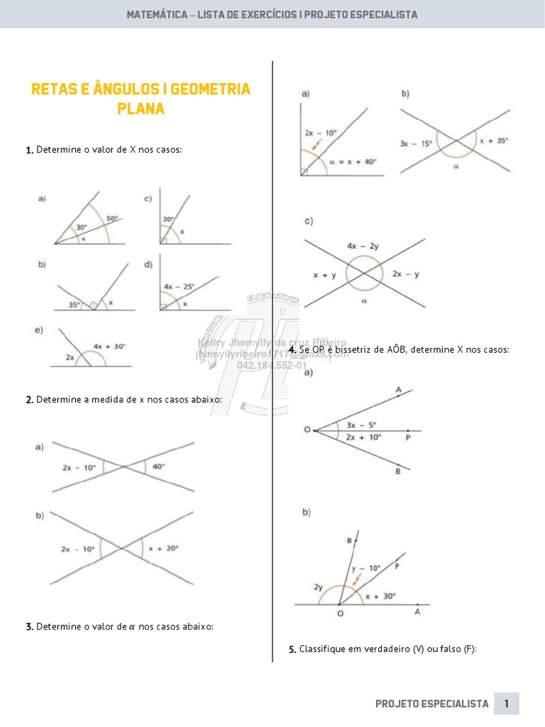 Lista de exercícios de geometria plana sobre retas e ângulos | PDF ...
