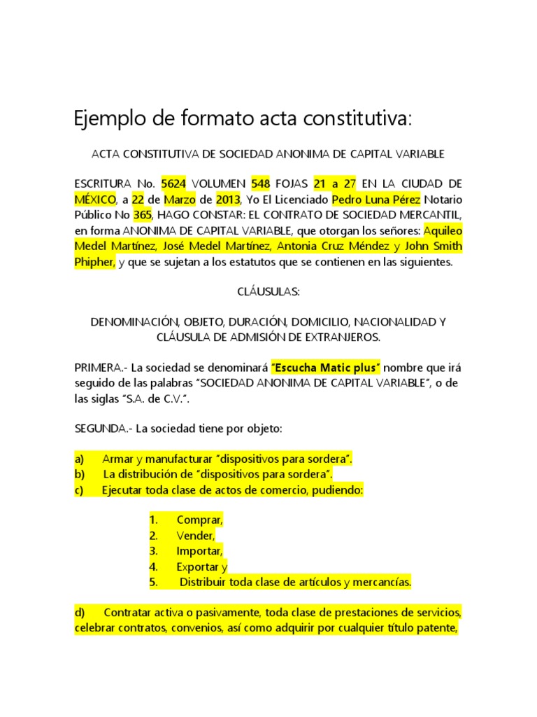 Ejemplo de Formato Acta Constitutiva | PDF | Sociedad de responsabilidad limitada | México