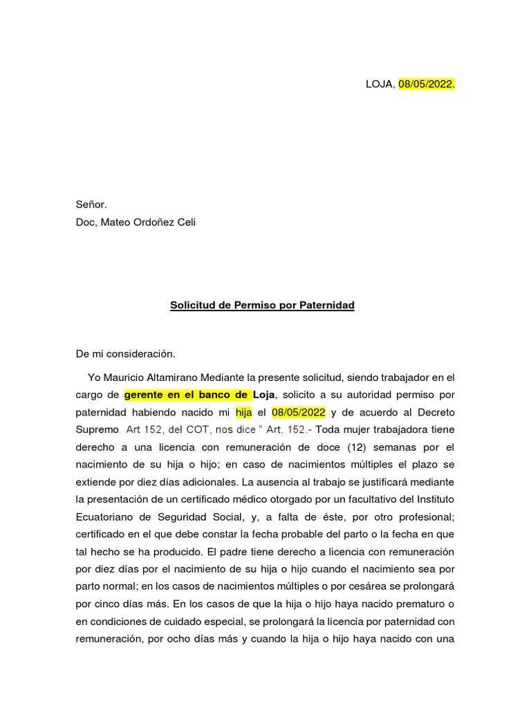 Solicitud Permiso Paternidad Gerente | PDF