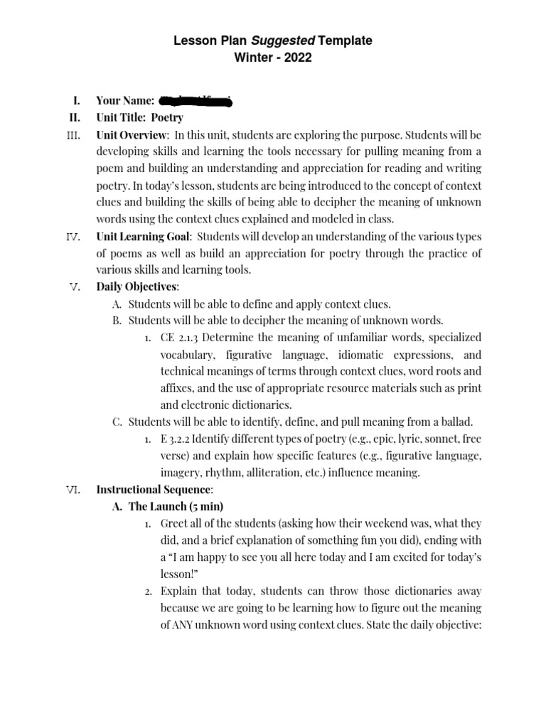 Context Clues in Poetry Lesson Plan | PDF | Lesson Plan | Poetry
