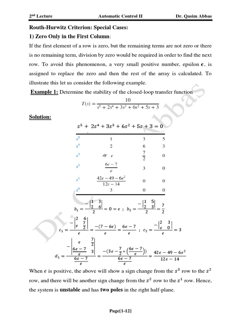 Routh-Hurwitz Criterion: Special Cases: 1) Zero Only in The First Column | PDF | Stability ...