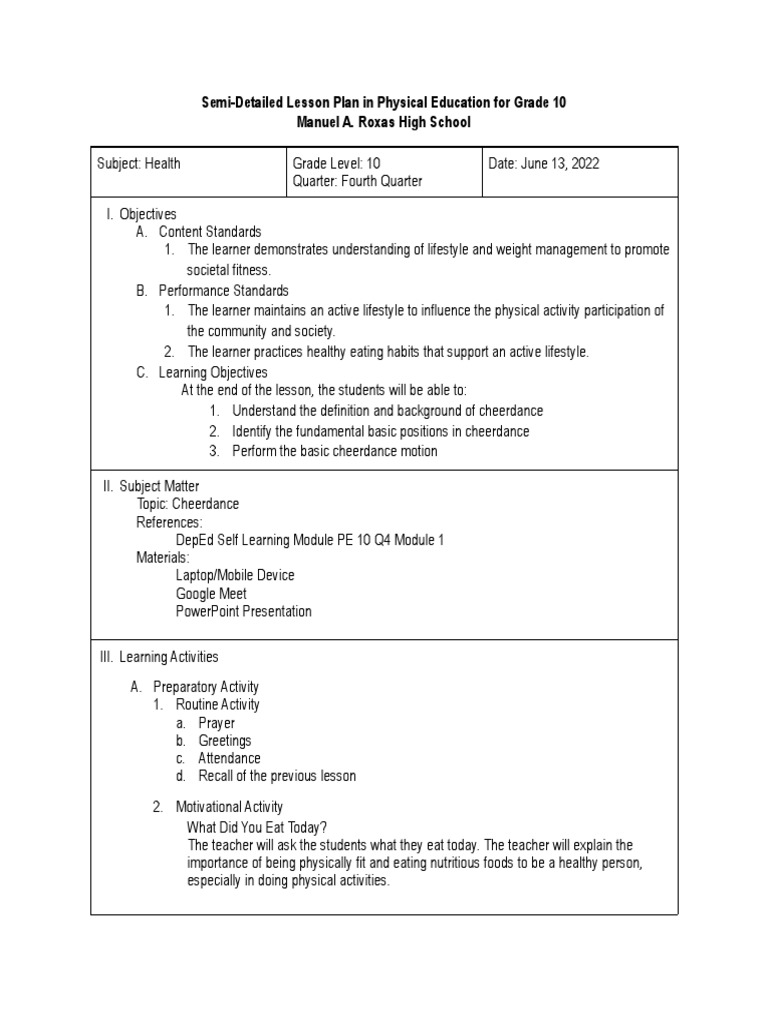 Semi-Detailed Lesson Plan in Physical Education For Grade 10 Manuel A ...