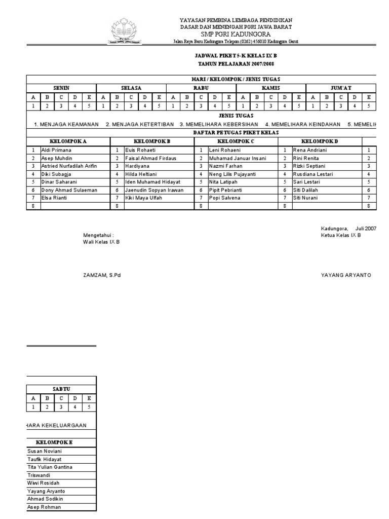 Contoh Format Jadwal Piket 5K | PDF