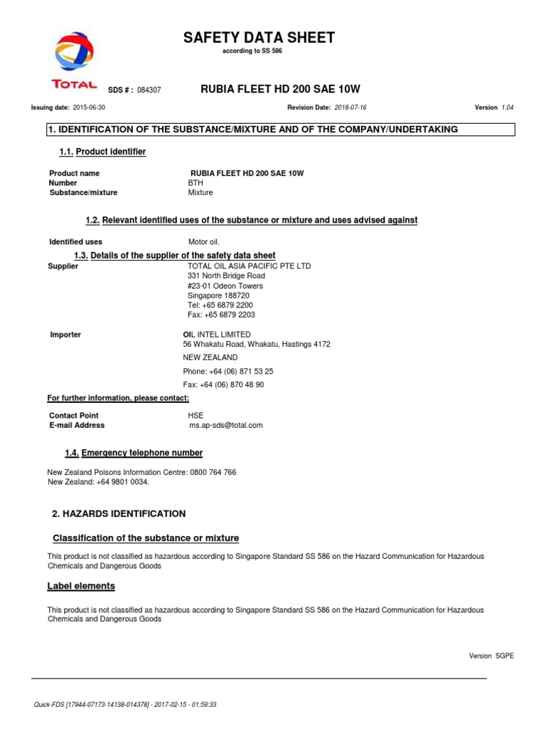 Safety Data Sheet: Rubia Fleet HD 200 Sae 10W | PDF | Toxicity ...