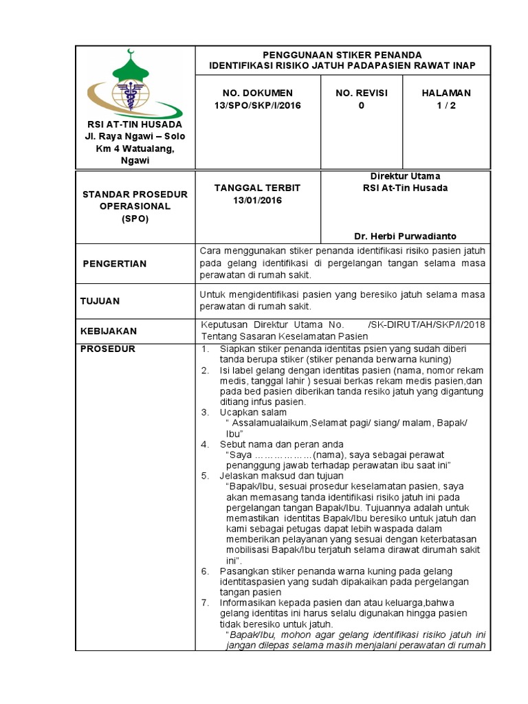 Spo Pemasangan Stiker Penanda Pasien Resiko Jatuh | PDF