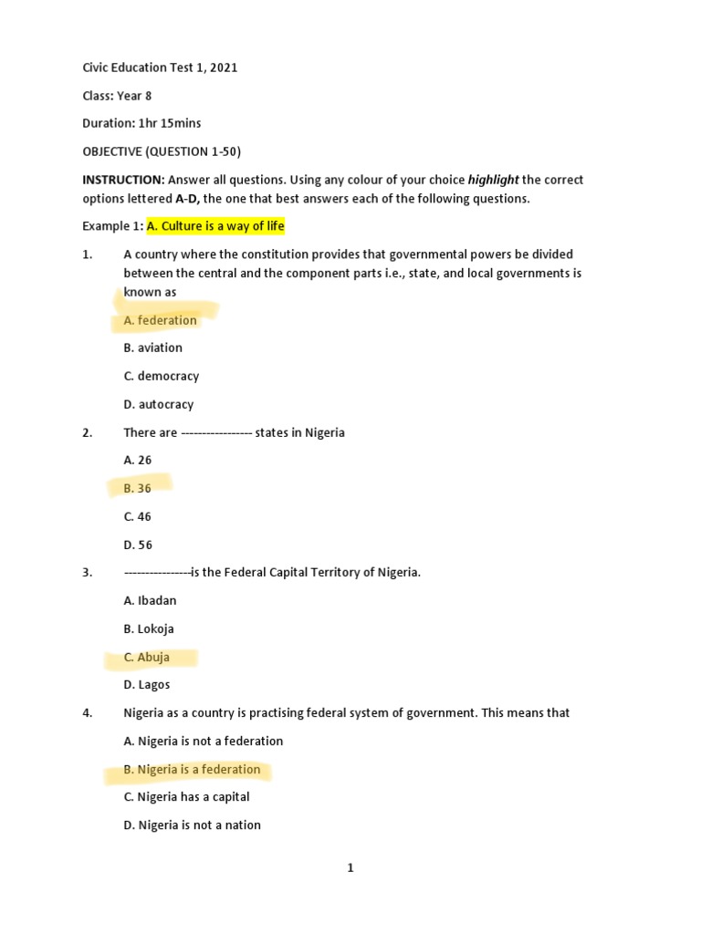 Civic Education Test 1, 2021: Analyzing a 50 Question Test on Civic ...