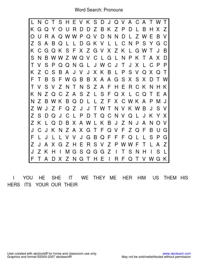 ABC Teach - Pronouns Wordsearch #1 | PDF | Word Puzzles | Linguistics