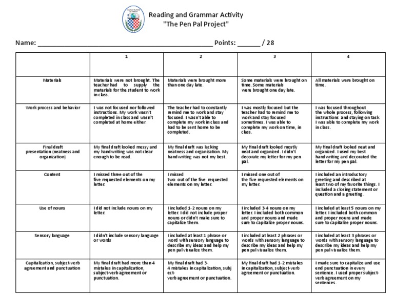 Pen Pal Project: Reading & Grammar Assessment | PDF | Verb | Noun