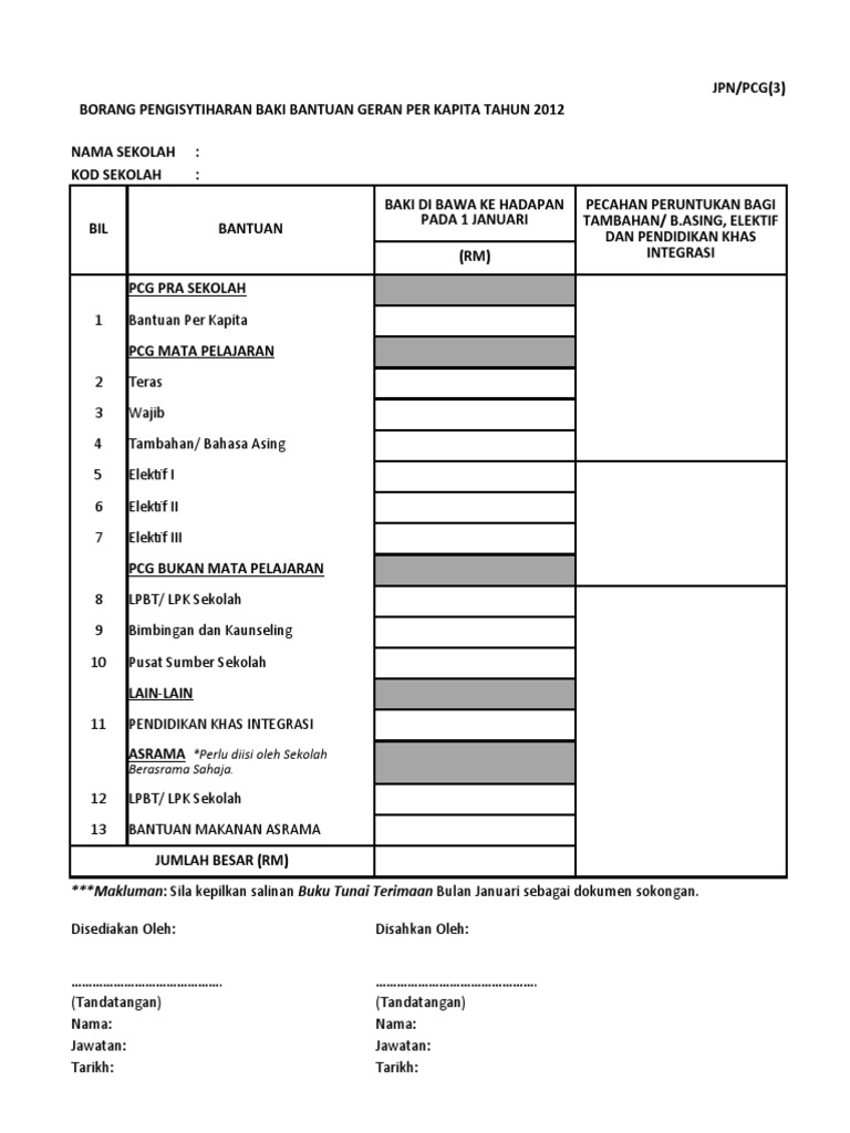 Borang Pengisytiharan Baki PCG Tahun Sebelum ZL 020613 | PDF