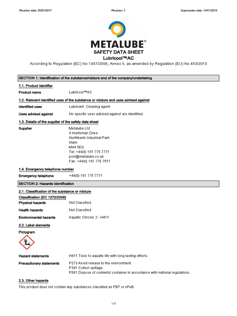 Safety Data Sheet Lubricool™AC | PDF | Toxicity | Firefighting