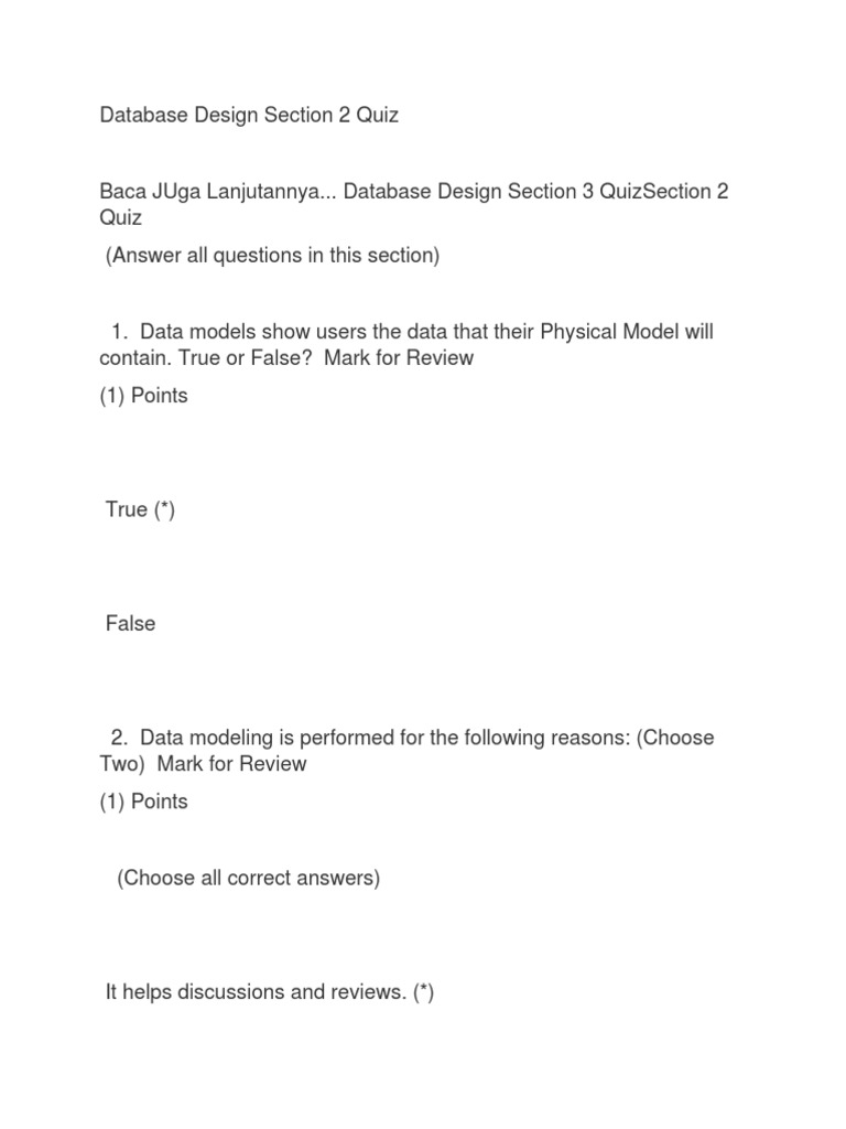Database Design Section 2 Quiz Download Free Pdf Data Model Computing