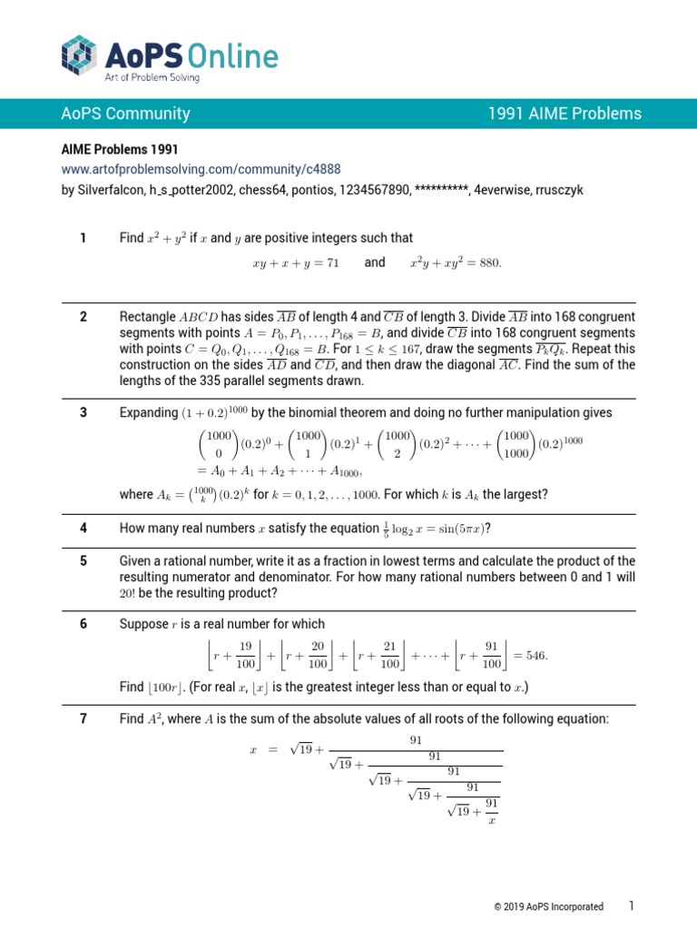 Aops Community 1991 Aime Problems | PDF | Area | Mathematical Objects