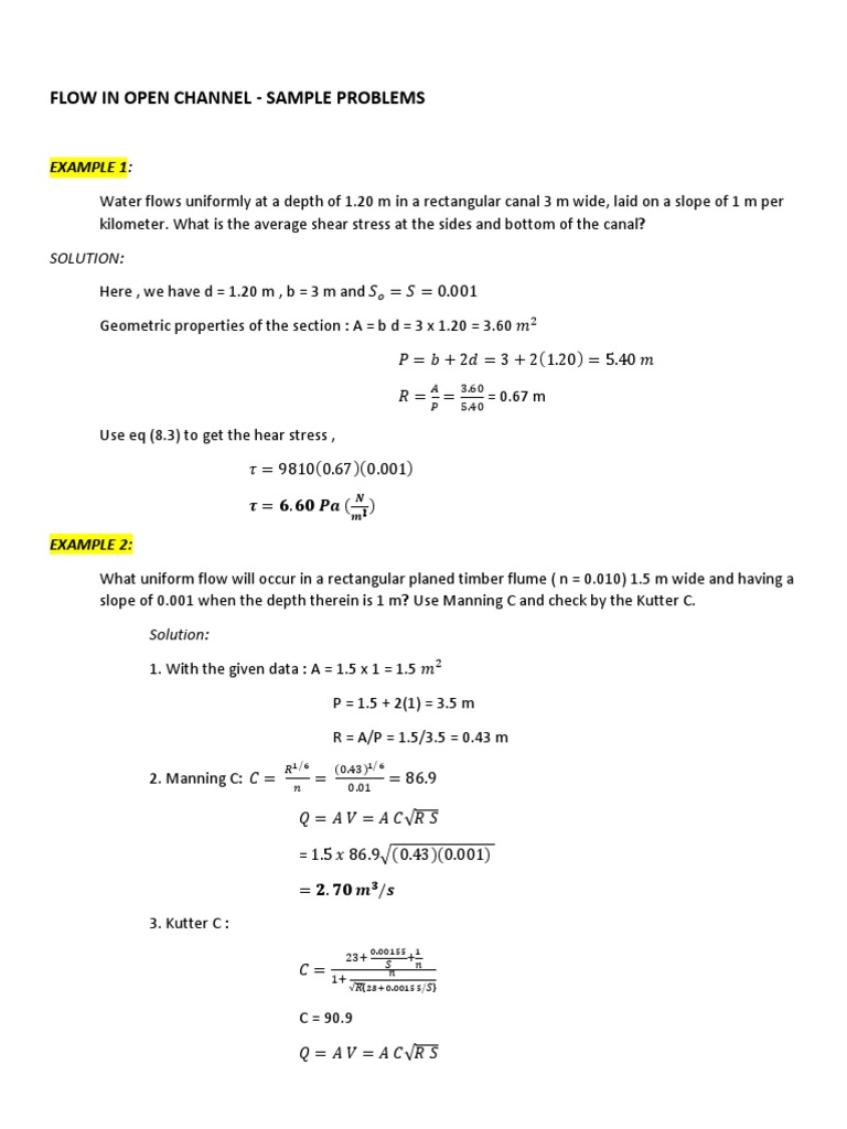 Flow in Open Channel - Sample Problems | PDF | Applied And ...