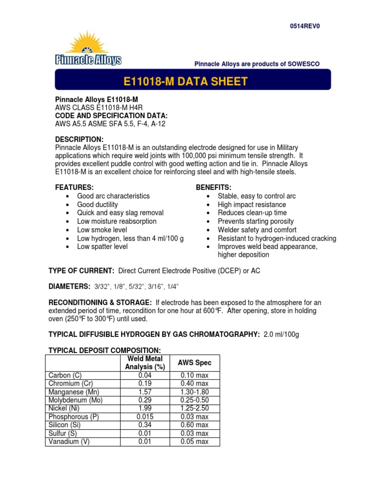 Pinnacle Alloys E11018 M | PDF | Welding | Construction