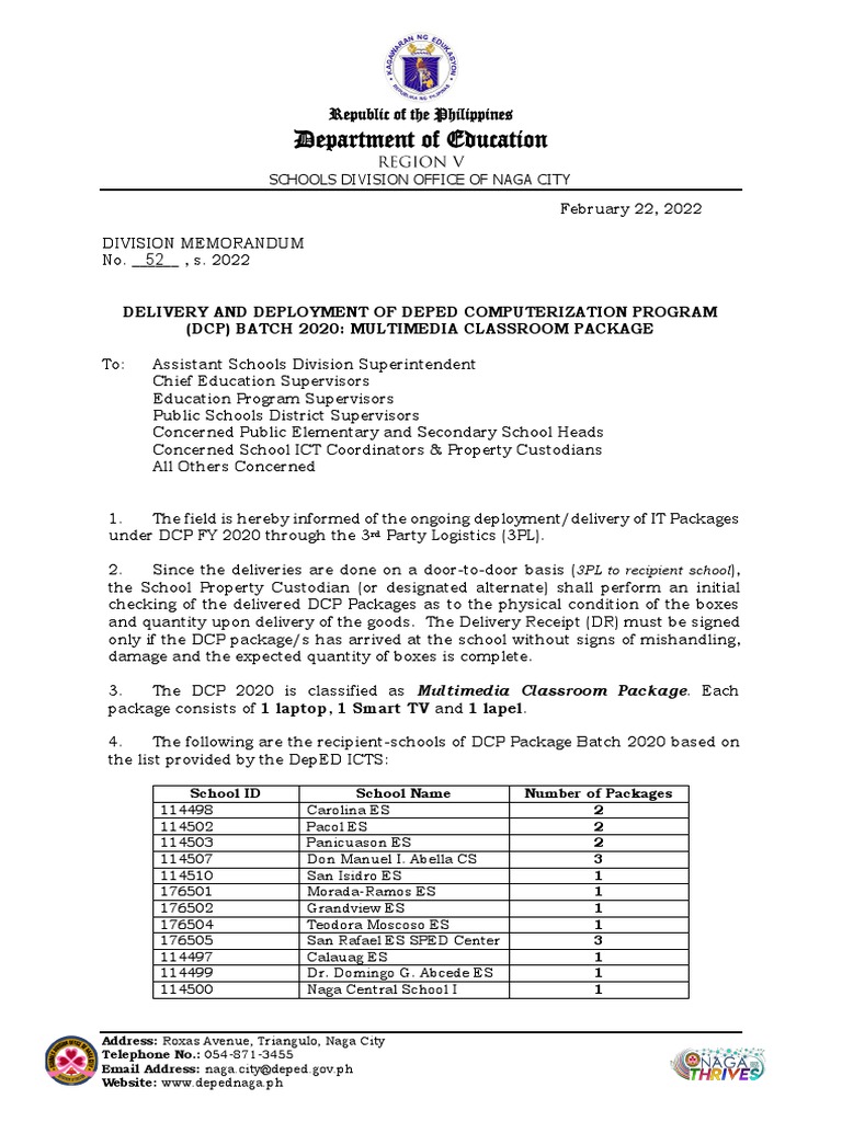 DM No. 52, S. 2022 Delivery and Deployment of DepED Computerization ...