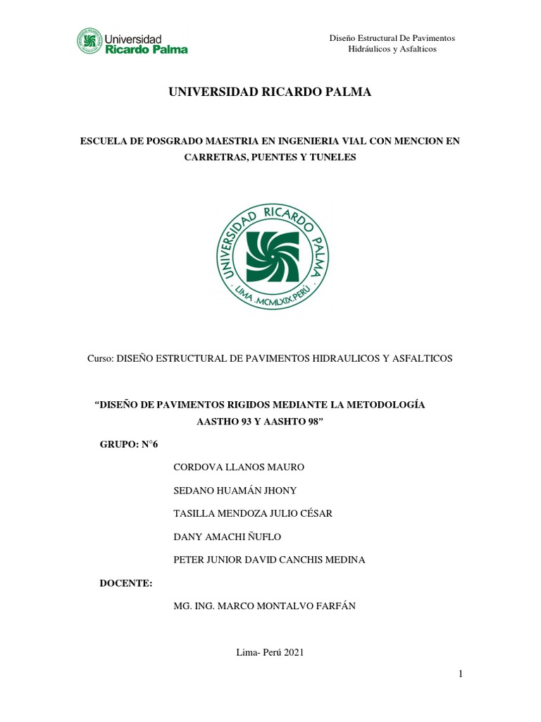 Grupo 6-Diseño de Pavimento Rigido Con Aashto 93 y Aashto 98 | PDF ...