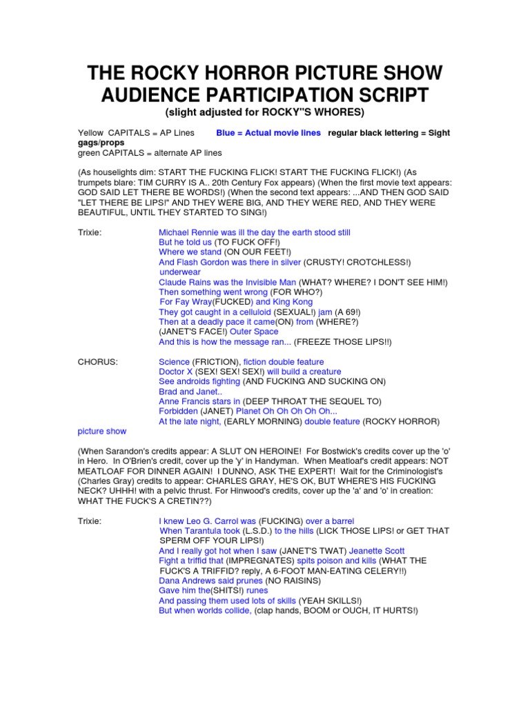 The Rocky Horror Picture Show Audience Participation Script: (Slight ...