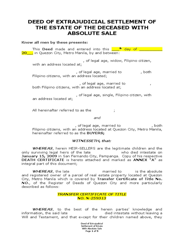 Deed of Extrajudicial Settlement of Estate With Absolute Sale | PDF ...