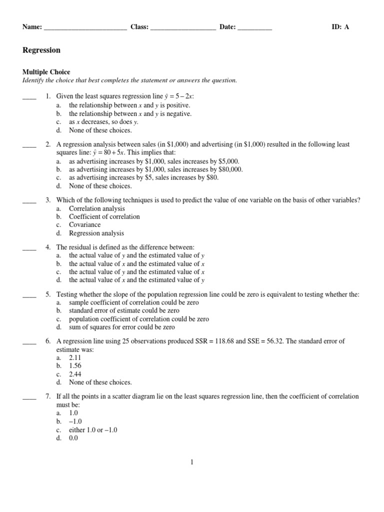 Regression Analysis Multiple Choice | Errors And Residuals | Coefficient Of Determination