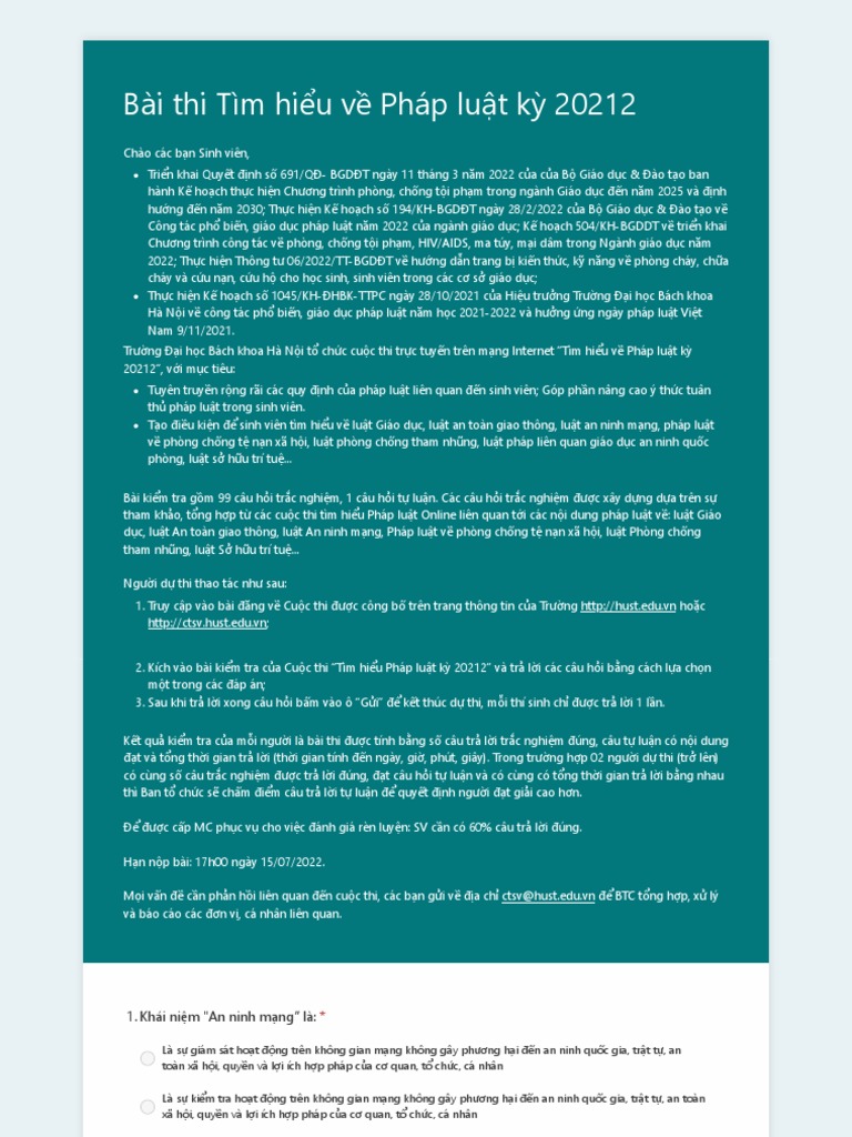 Bài Thi Tìm Hiểu Về Pháp Luật Kỳ 20212 Tlh | PDF