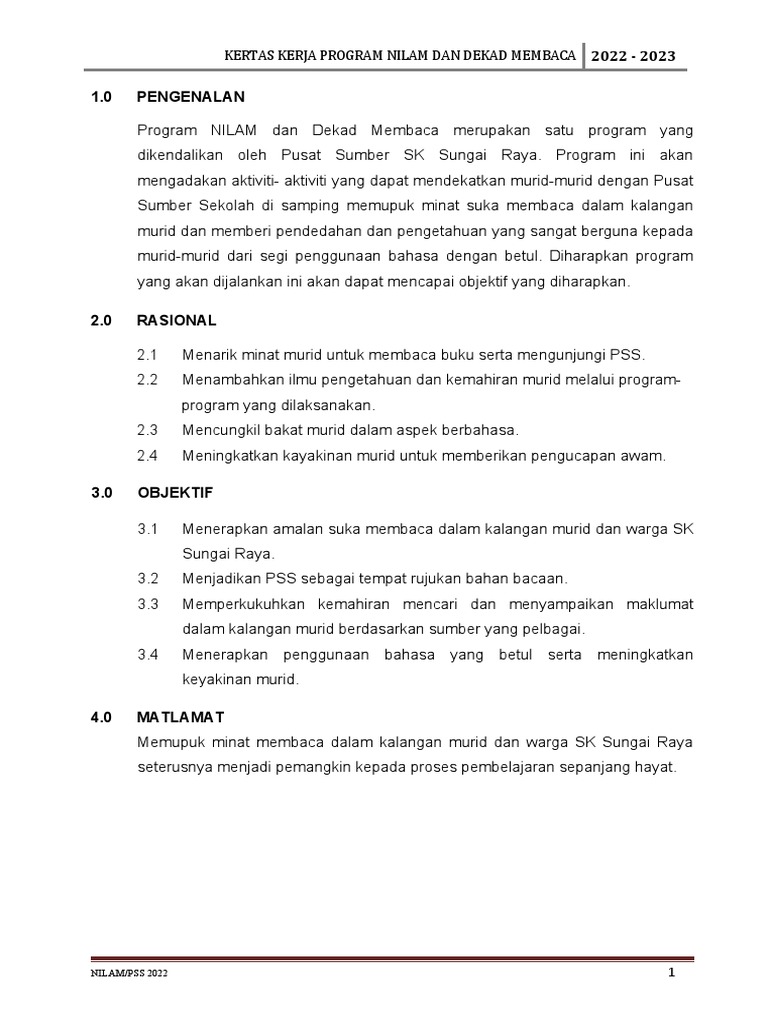 Kertas Kerja Pelancaran Program Nilam Dan Dekad Membaca 2022 | PDF