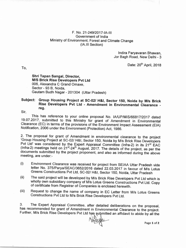 EC Amendment Letter Awarded | PDF | Environmental Impact Assessment ...