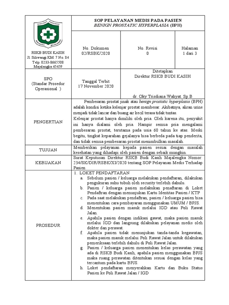 Benign Prostatic Hyperplasia (BPH) : Sop Pelayanan Medis Pada Pasien | PDF