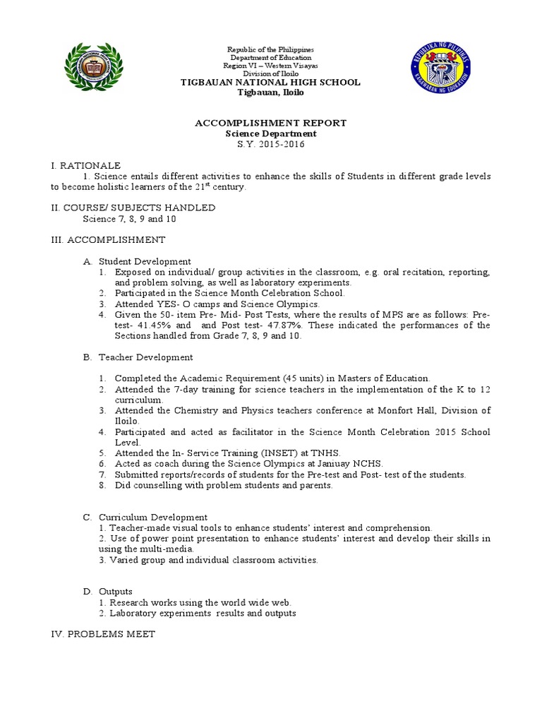 Accomplishment Report Science Department: Tigbauan National High School ...