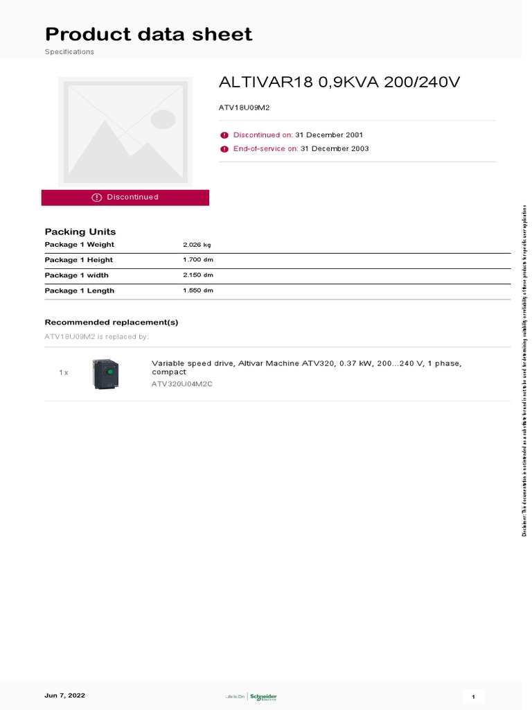 Product Data Sheet: ALTIVAR18 0,9KVA 200/240V | PDF | Technology ...