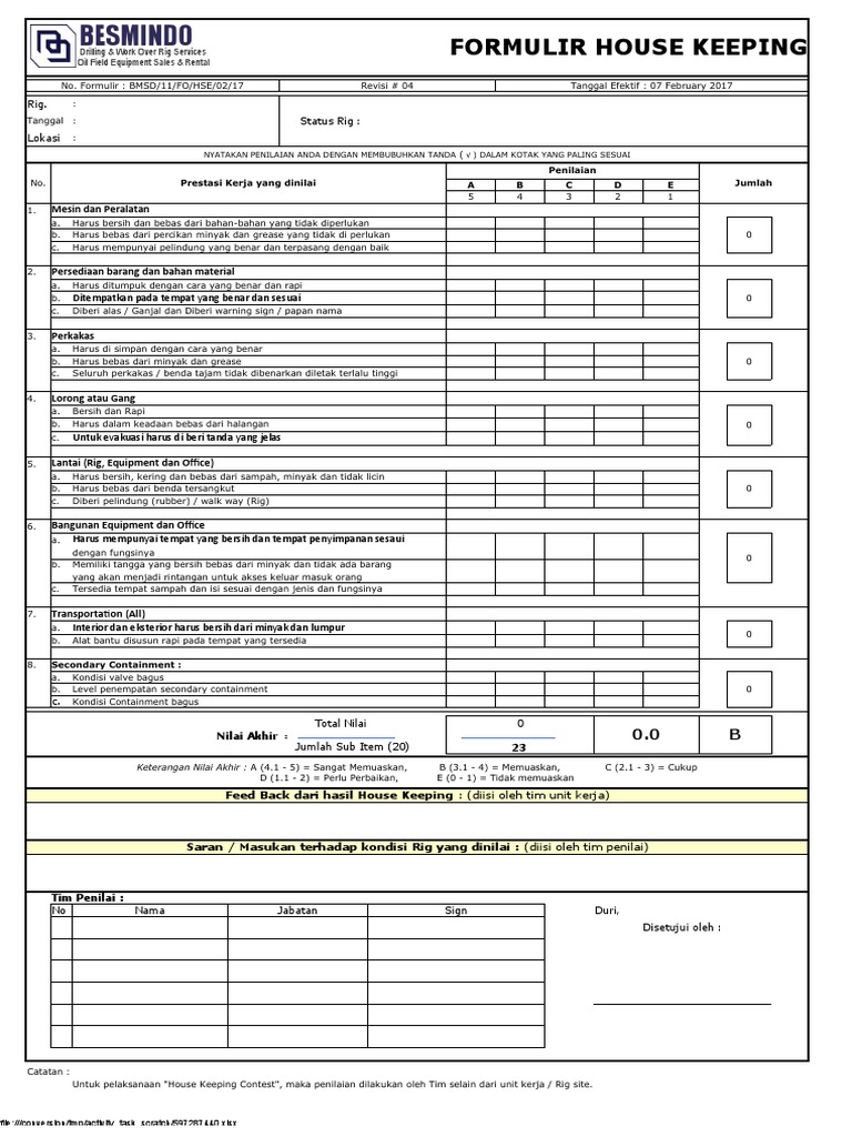 Penilaian Formulir Housekeeping | PDF