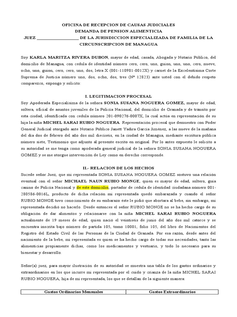 Demanda de Pension Alimenticia en Nicaragua Ley 870 | PDF | Pensión ...