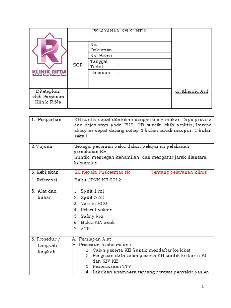 Sop KB Suntik 1,3 Bulan | PDF | Kesehatan Holistik | Sains & Matematika